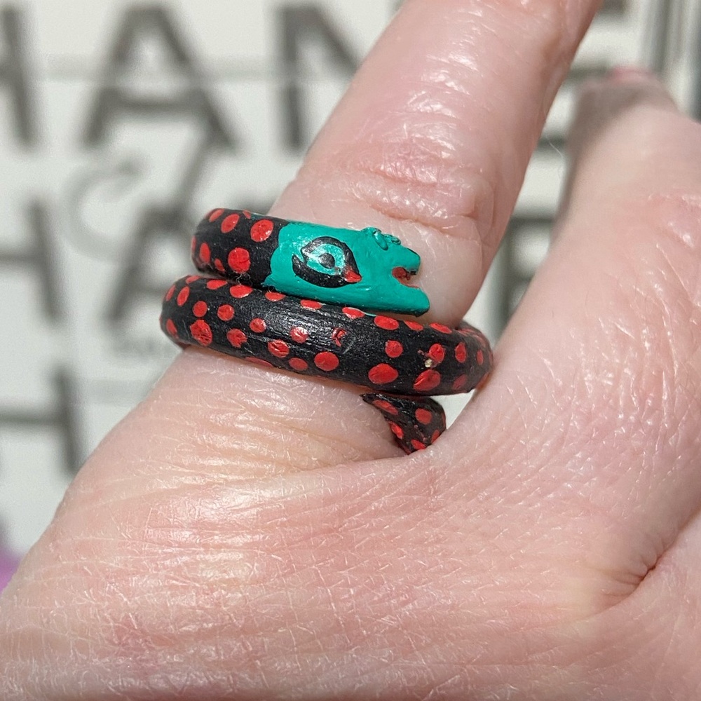 Alebrije Snake Ring. Black With Red Spots And Turquoi… - Gem